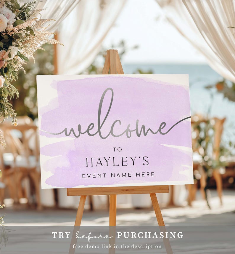 Printable Welcome Sign, Lilac Purple Watercolour Silver, Baby Shower ...