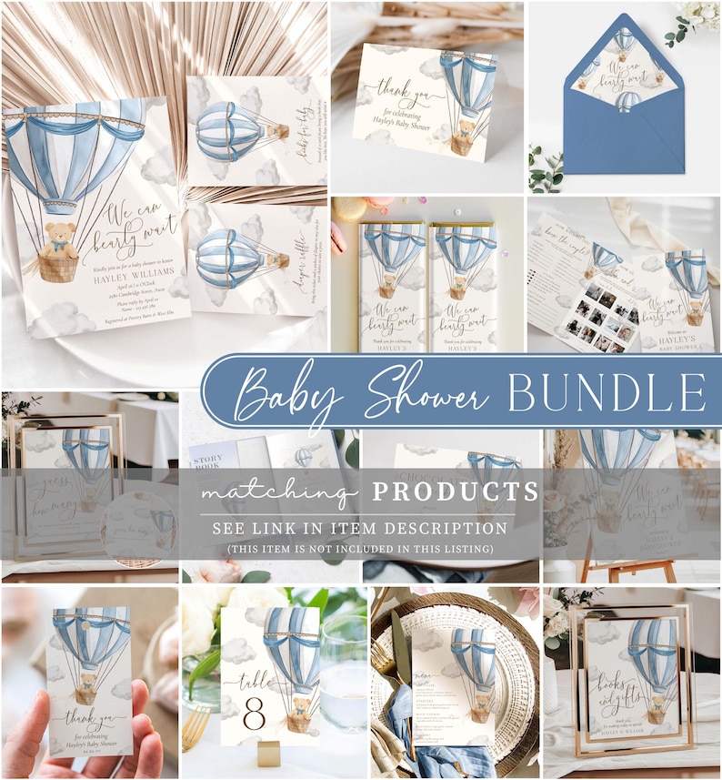 Teddy Bear Baby Shower Welcome Sign: We Can Bearly Wait Hot Air Balloon ...