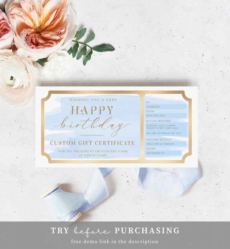Happy Birthday Custom Gift Certificate Template Blue | Etsy