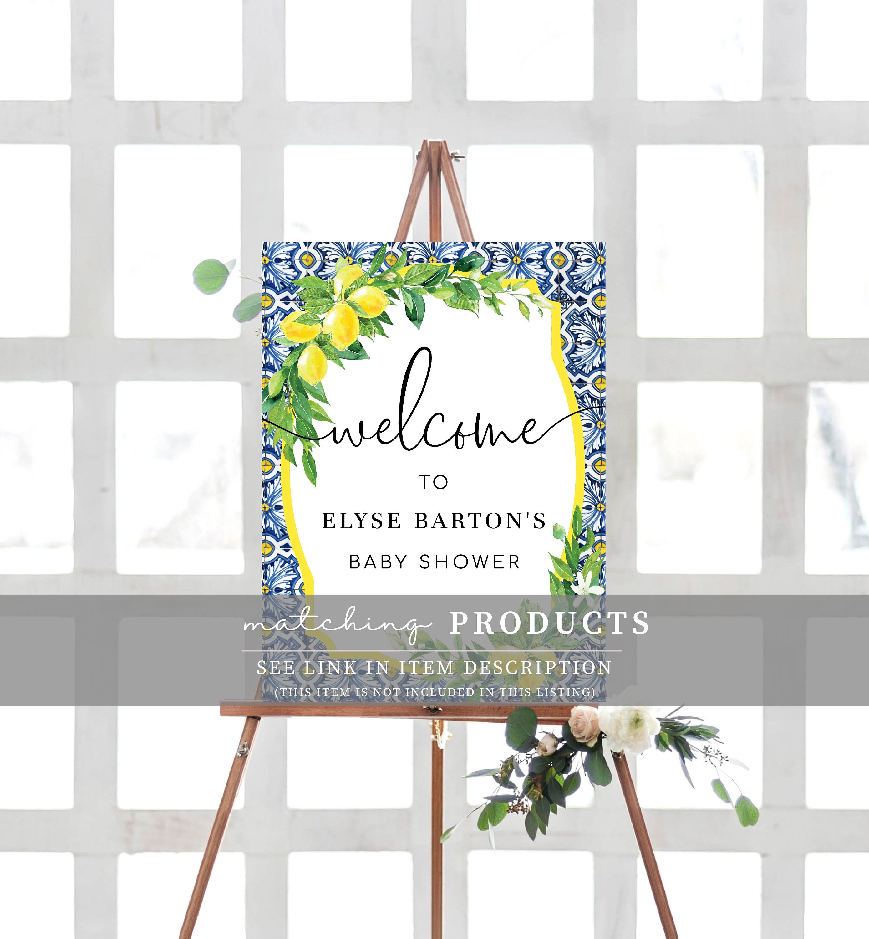 Welcome Water Bottle Printable Label, Positano Blue Tile Lemon Wedding ...