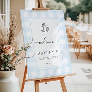 Blue Gingham Welcome Sign, Fall Pumpkin Boy Baby Shower, Pale Blue ...