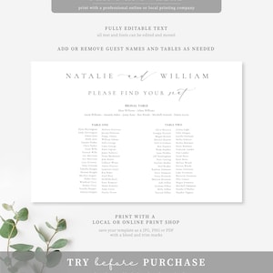 2 Banquet Table Seating Chart Template, Printable Minimalist Wedding ...