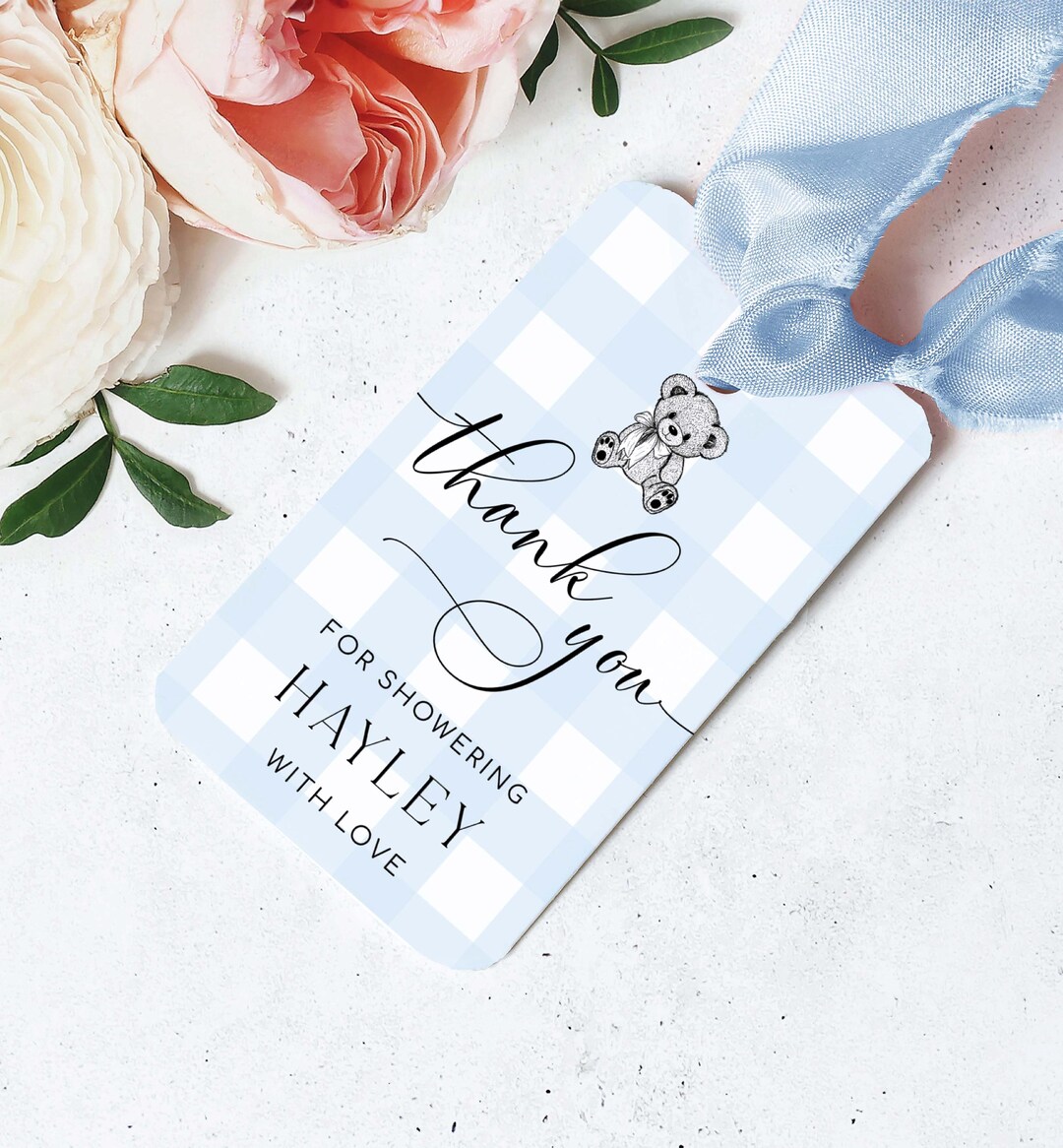 Printable Thank You Favor Tag Template, Blue Gingham Check, Teddy Bear ...