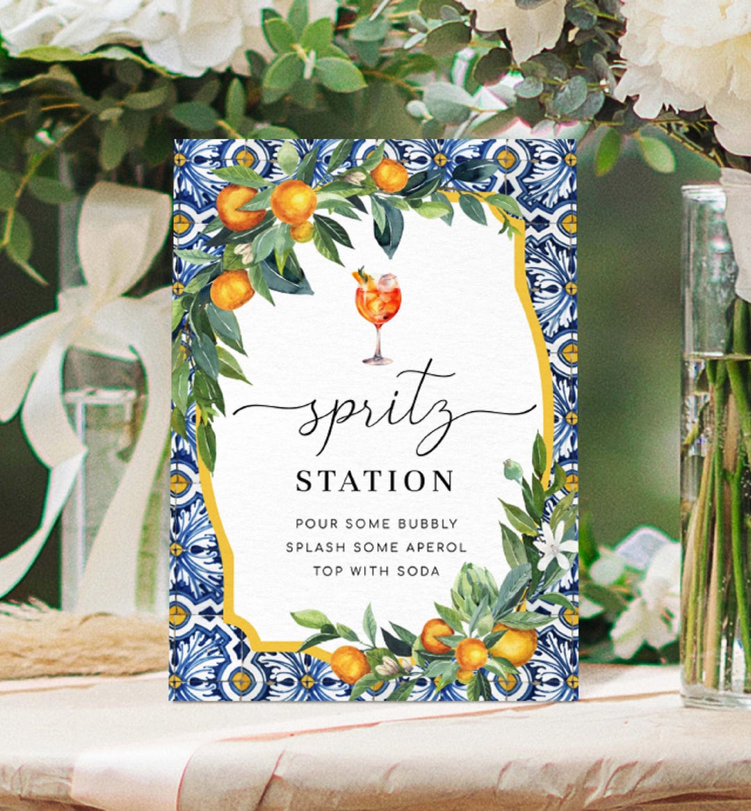 Printable Spritz Station Sign, Positano Blue Tile Oranges Alcohol ...