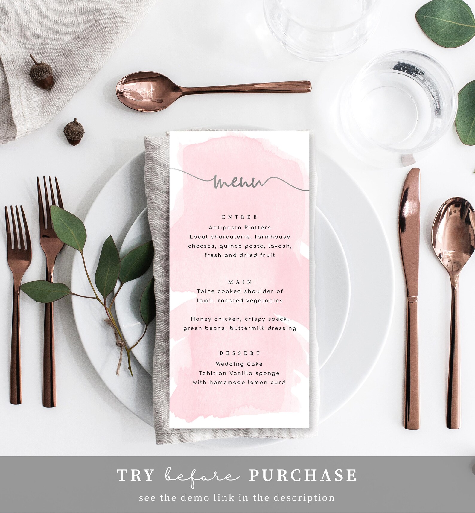 Editable Menu Template Pink Watercolour Silver Foil - Etsy