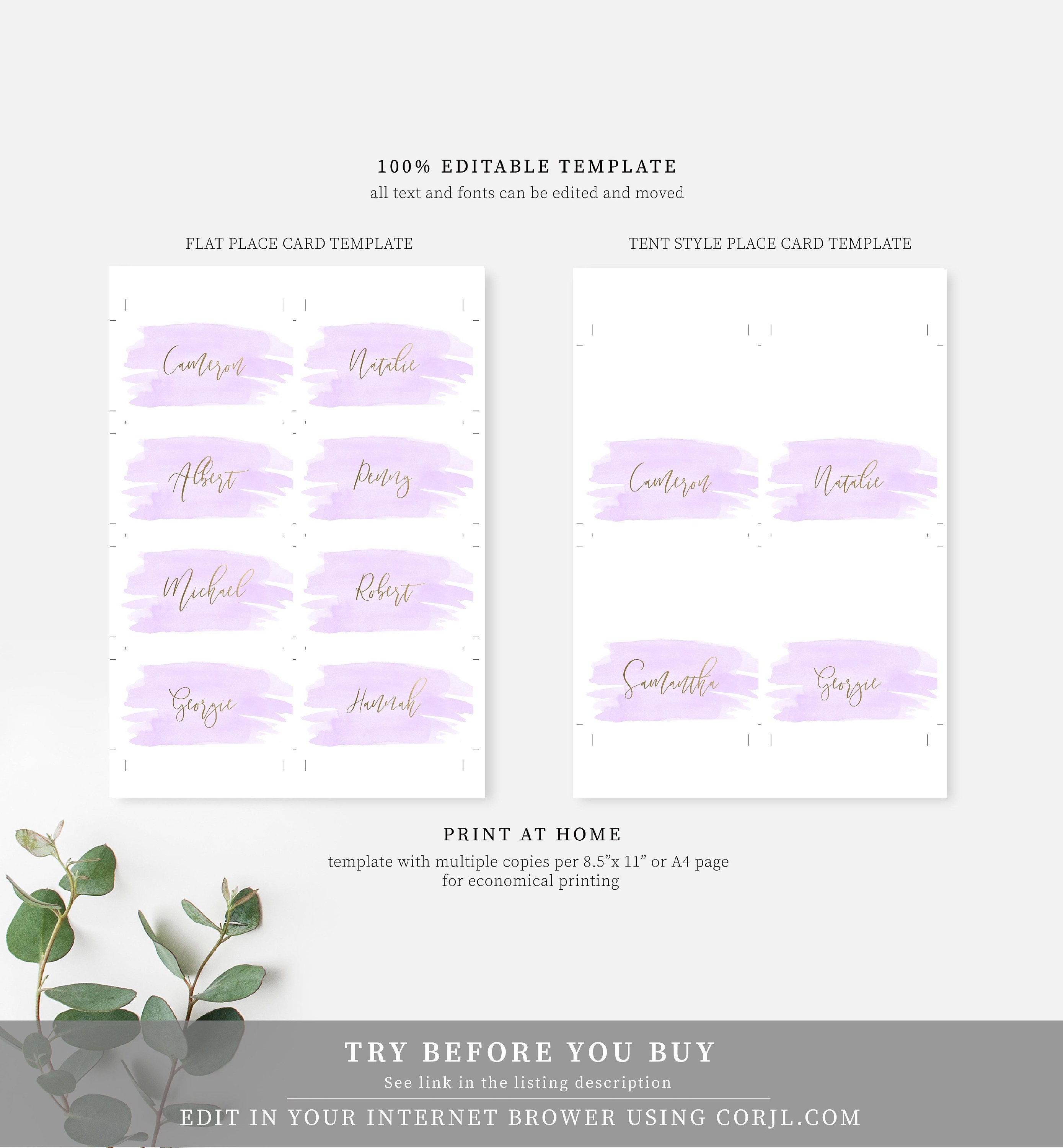 Editable Place Cards Printable Wedding Names Cards Purple | Etsy