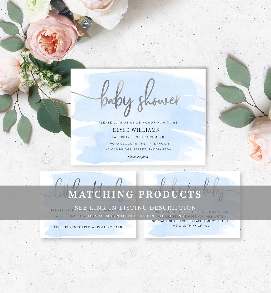 Blue Baby Shower Invitation Template - Silver Foil - Baby Boy Invite ...