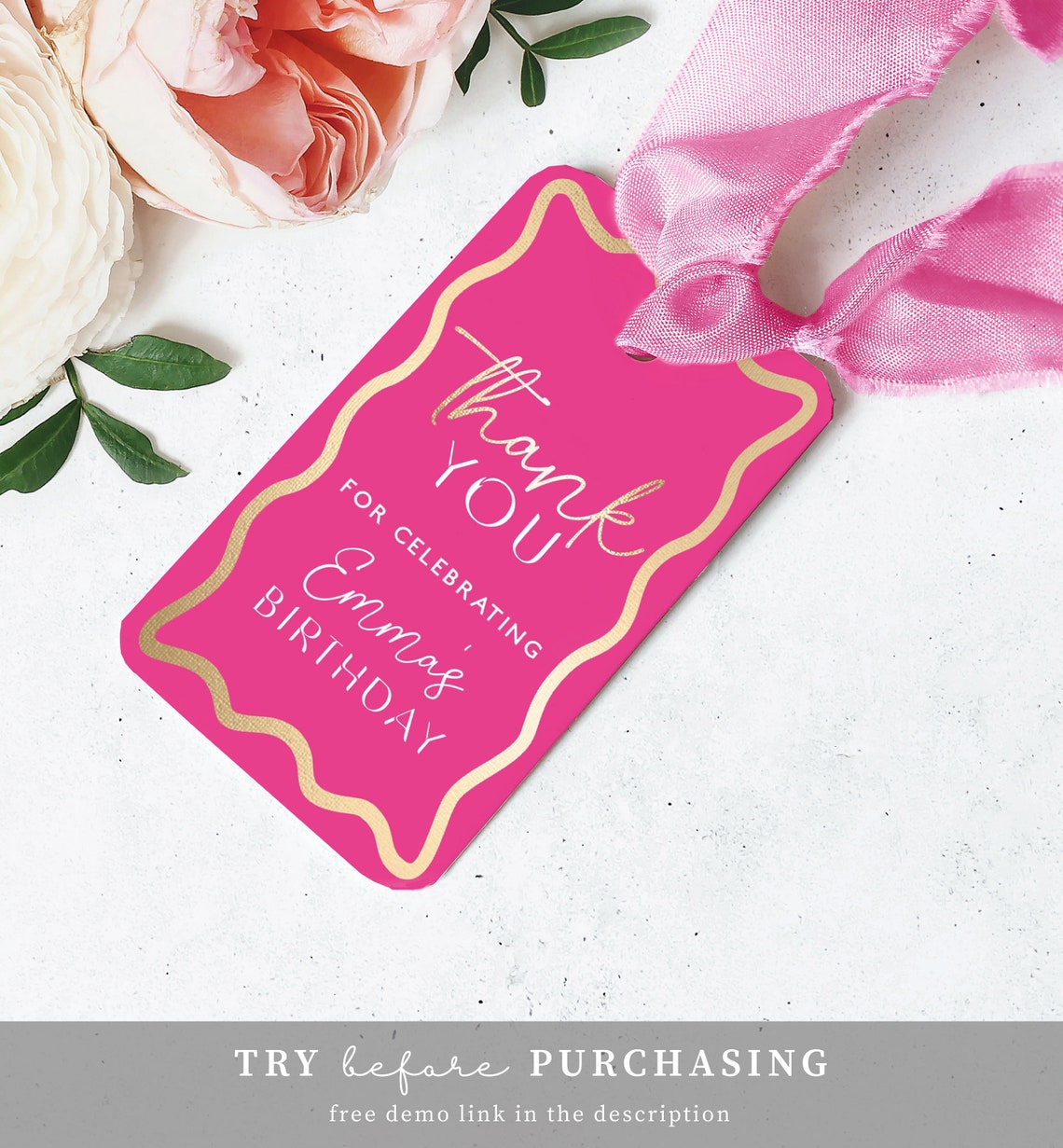 Printable Thank You Favor Tag Template, Wave Curvy Line, Hot Pink Gold ...