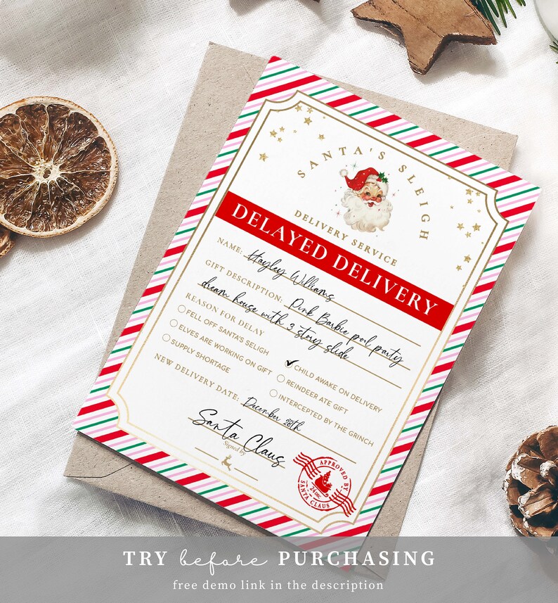 Printable Delayed Delivery Notice, Lost Christmas Present Note, Running ...
