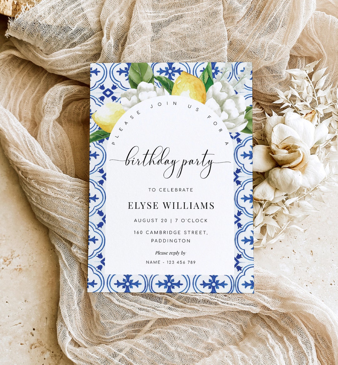Printable Birthday Party Mediterranean Blue Tile Arch Invitation ...