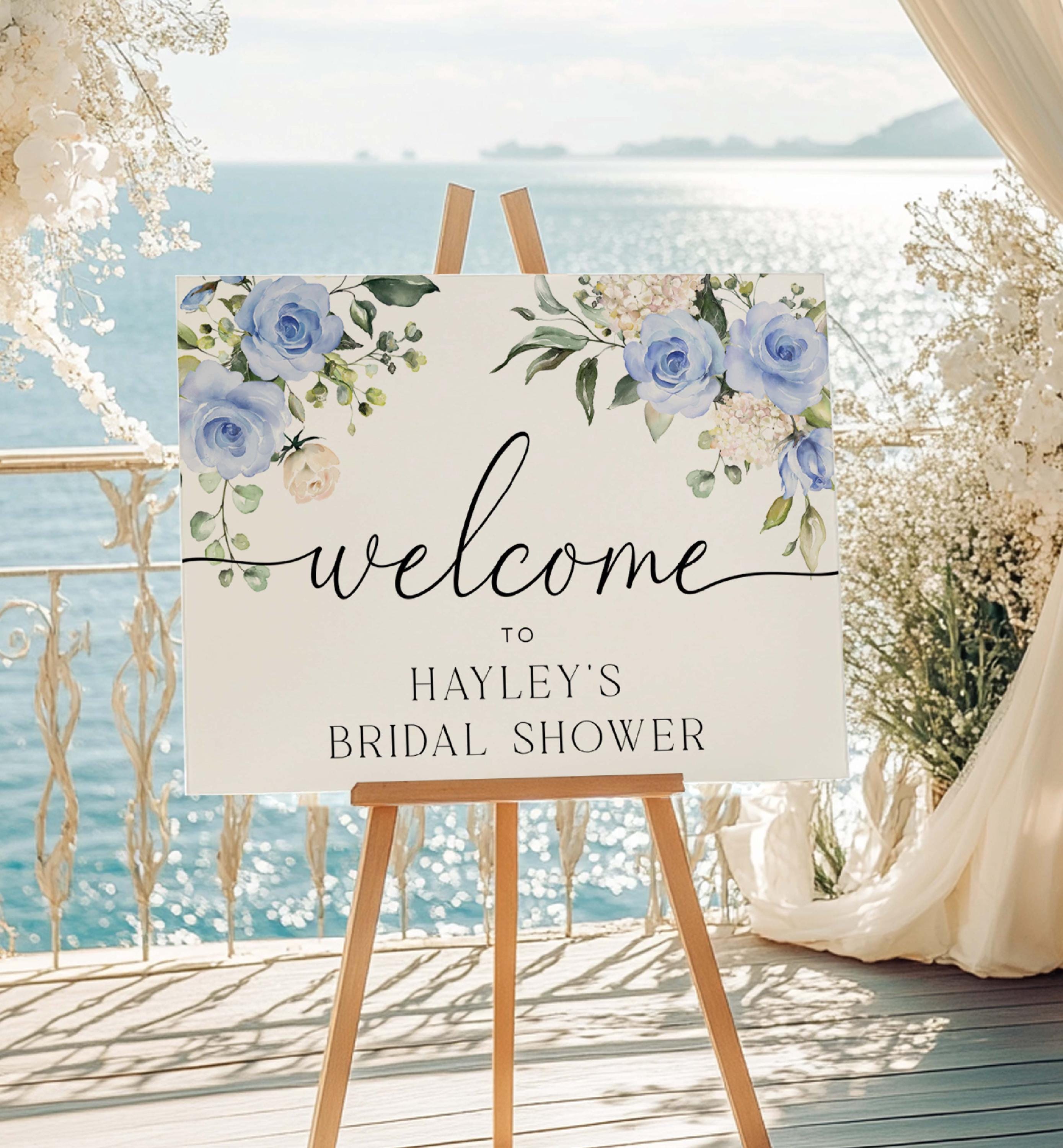 Printable Blue Floral Wedding Welcome Sign, Greenery Landscape Template ...