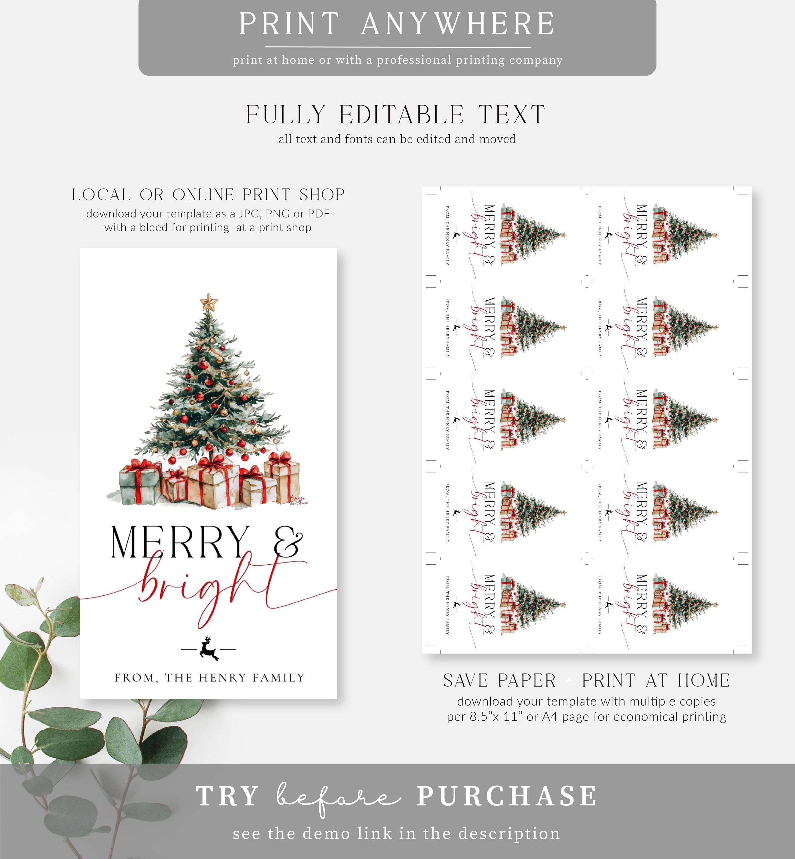 Printable Merry and Bright Gift Tag, Christmas Tree Gift Label, Custom ...