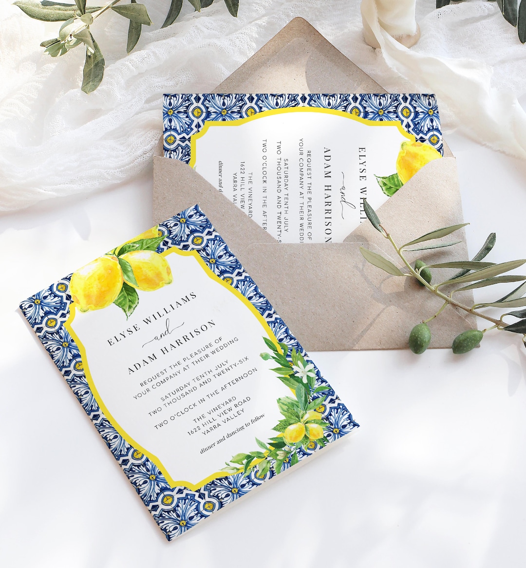 Positano Blue Tile Lemons Wedding Invitation Template, Italian Almalfi ...