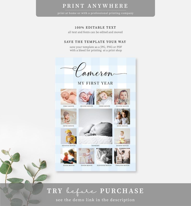 Blue Gingham First Birthday Photo Timeline Sign (printable Template) - Etsy