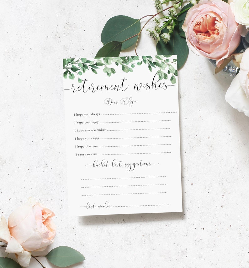 Printable Retirement Wishes Template, Greenery Leaves Retirement ...