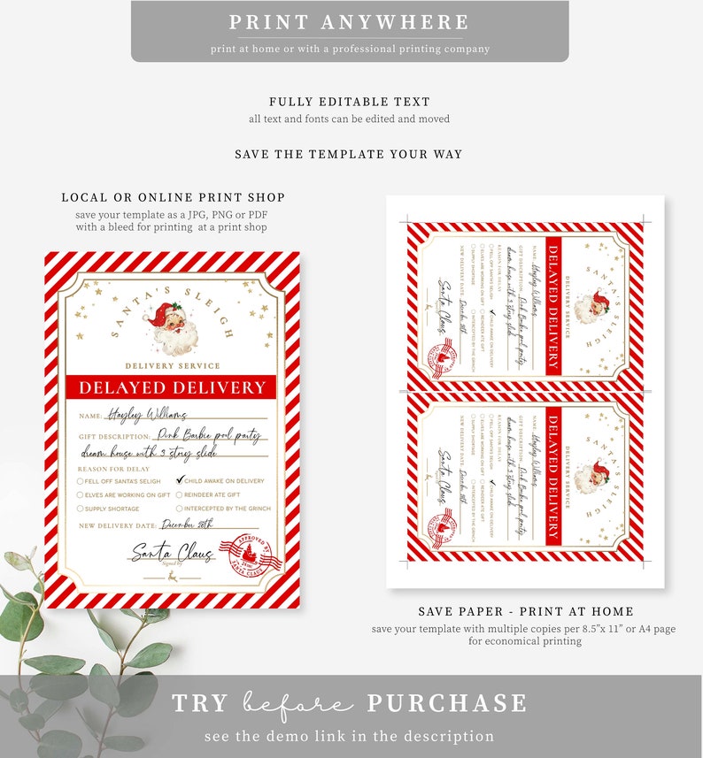 Printable Delayed Christmas Gift Notice, Santa Letter (DIY Template) - Etsy