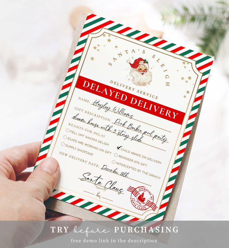 Santa's Late Gift Notice: Printable Christmas Delivery Letter (DIY ...