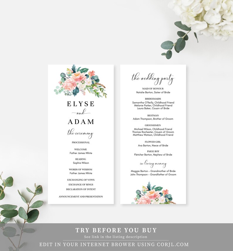 Printable Floral Wedding Program Template Editable Wedding | Etsy