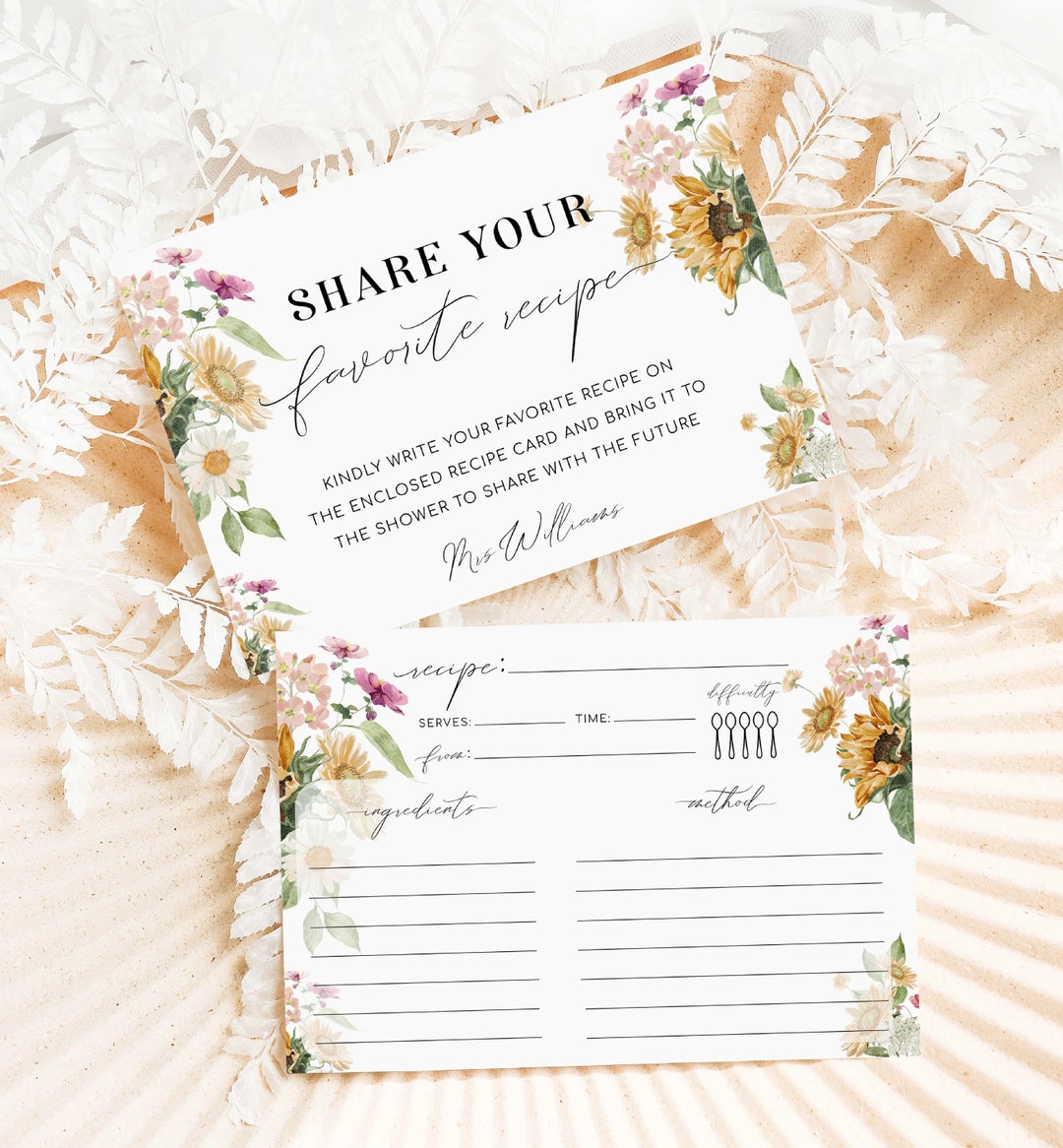 Recipe Card and Recipe Request Printable Templates, Sunflower Bridal ...