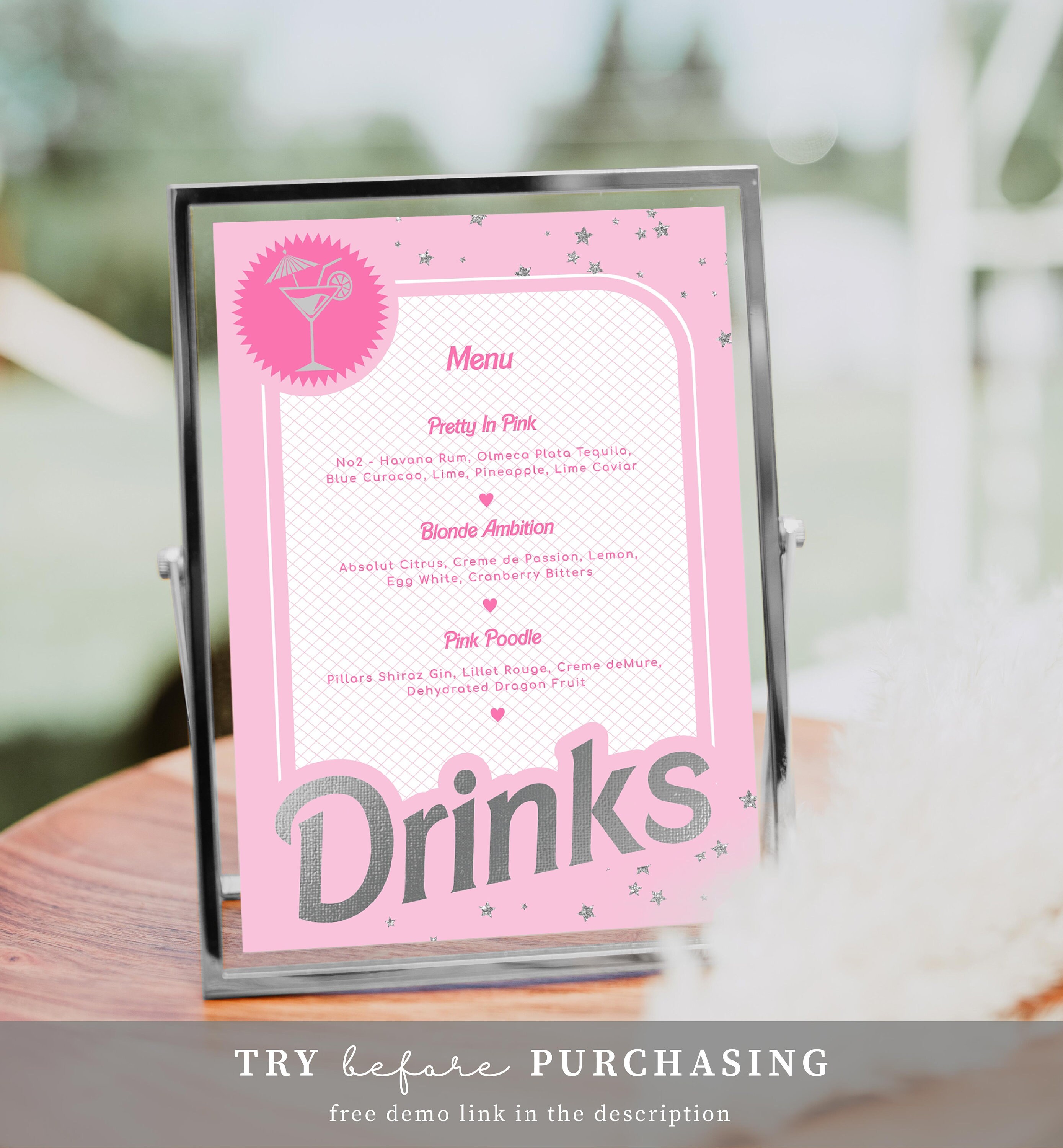 Pink Silver Foil Drinks Menu Sign, Printable Template (digital Download ...