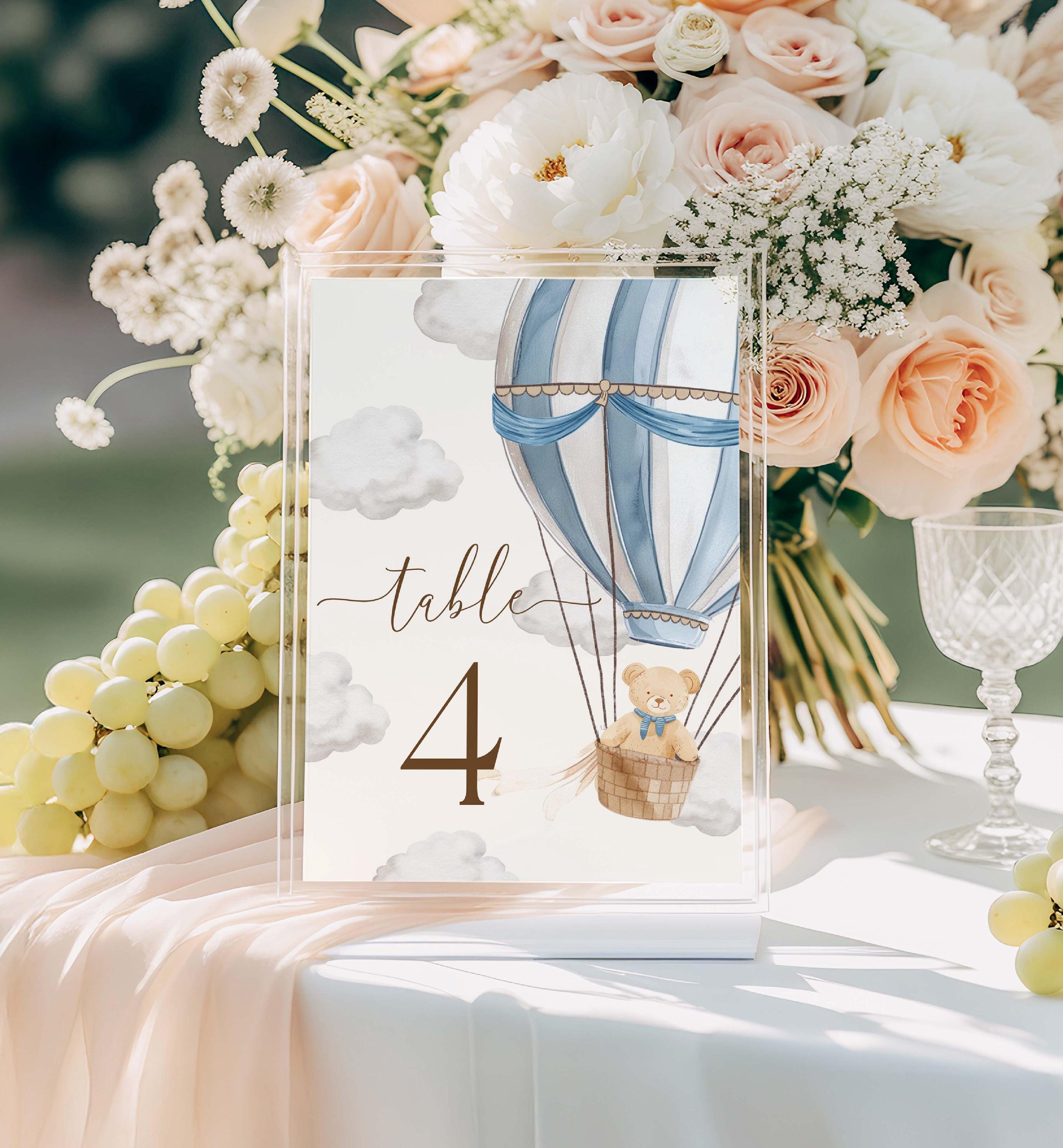 Teddy Bear Baby Shower Table Numbers, Blue Hot Air Balloon (printable ...