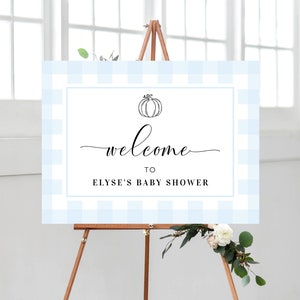 Blue Gingham Welcome Sign, Fall Pumpkin Boy Baby Shower Pale Blue Check ...