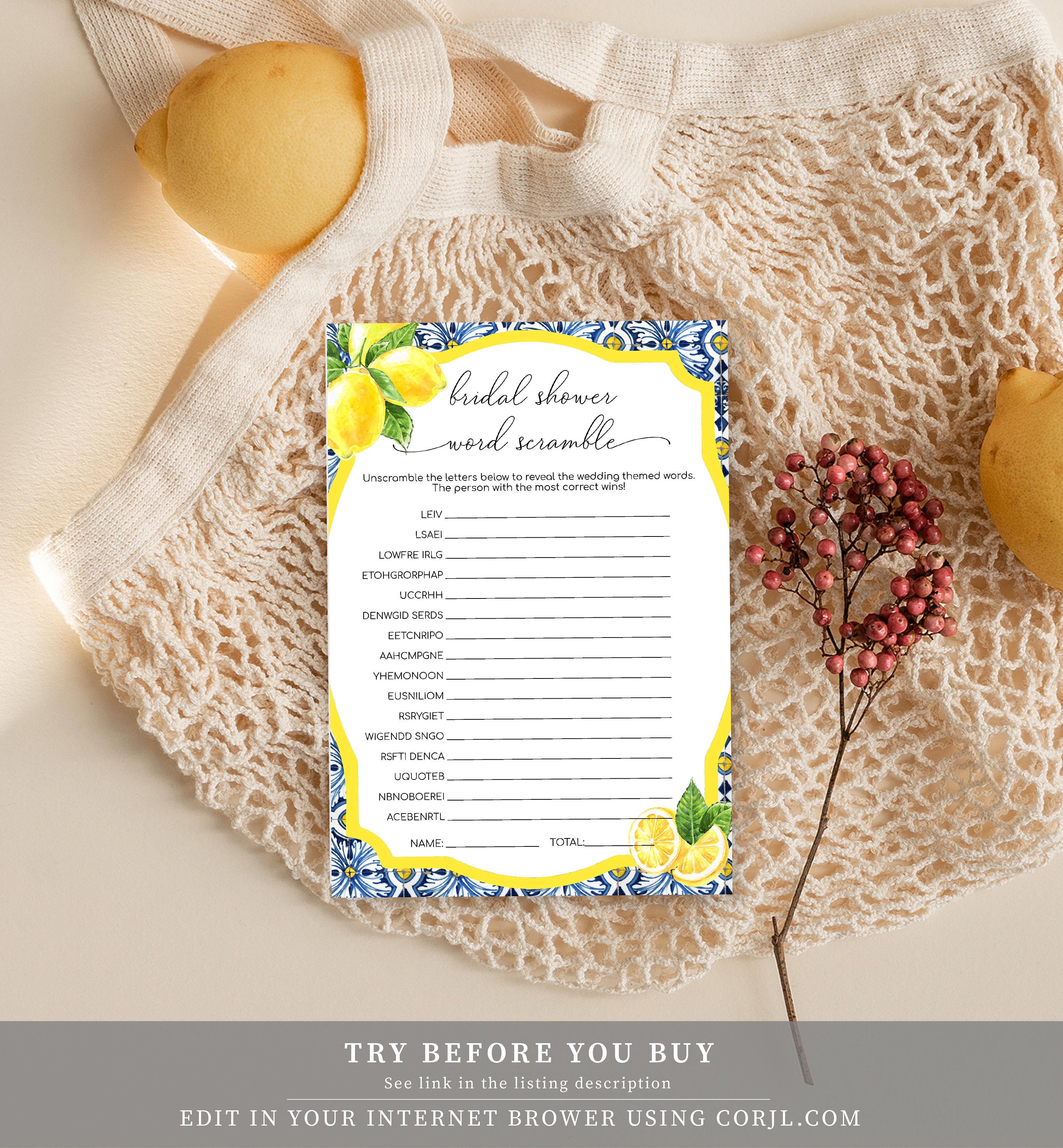 Lemon Bridal Shower Word Scramble Game Positano Blue Tile | Etsy
