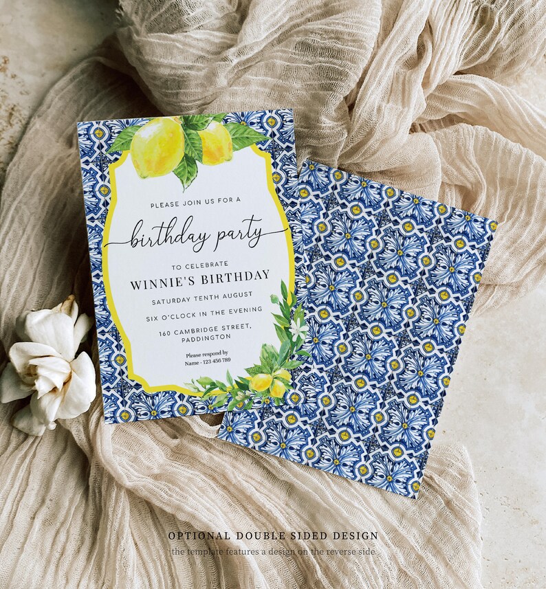 Birthday Party Invitation Positano Lemons Blue Tile Birthday - Etsy