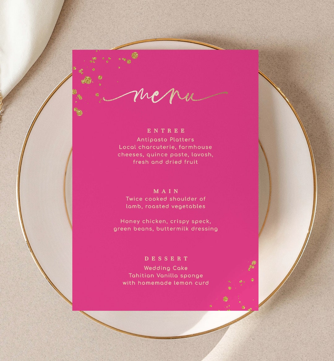 Hot Pink and Gold Editable Menu Template, Printable Wedding Menu ...
