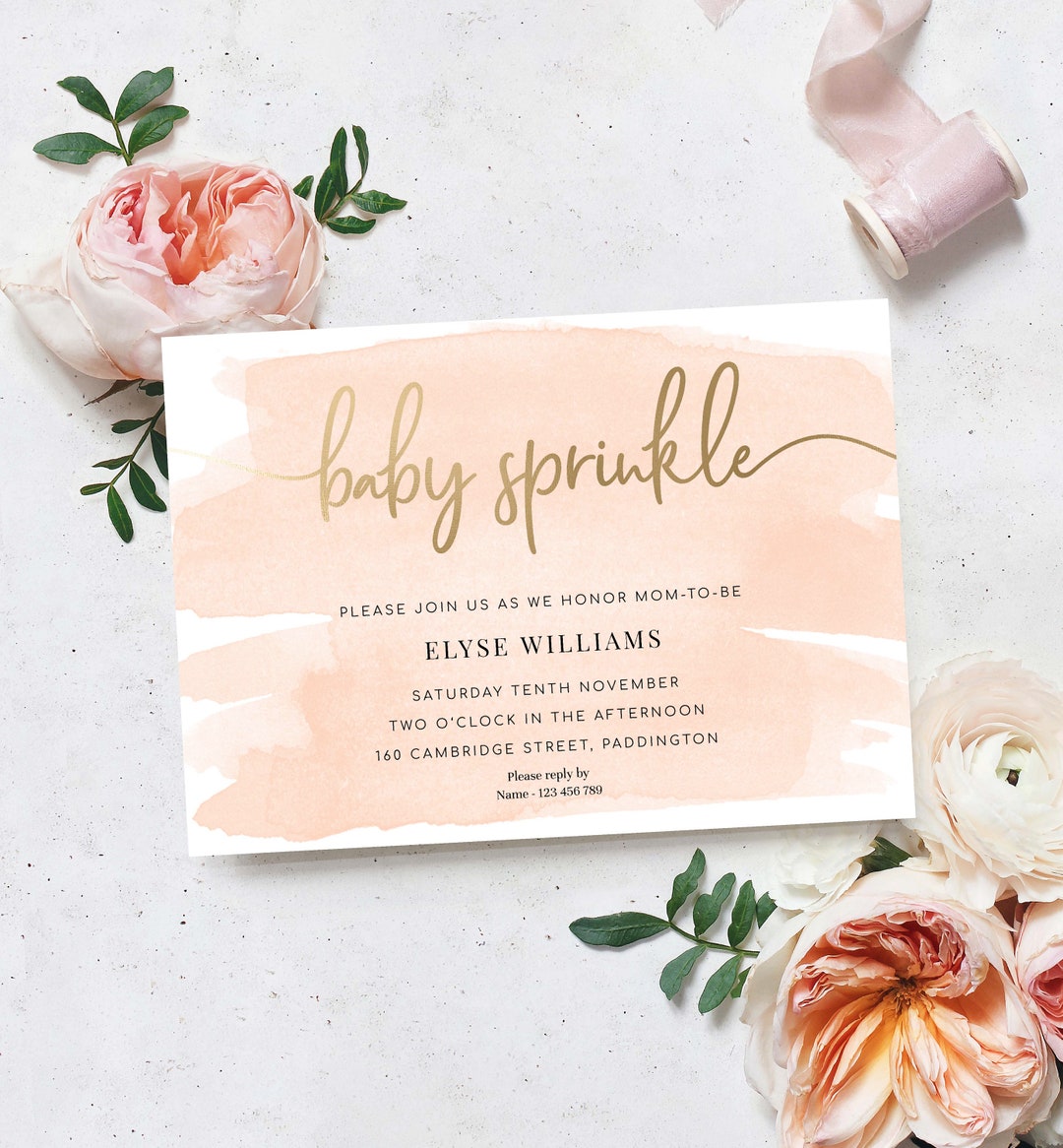 Printable Baby Sprinkle Invitation Template, Peach Watercolour Gold ...