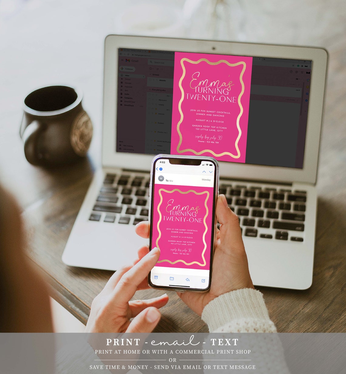 Printable Twenty First Birthday Party Invitation, Wave Curvy Line, Hot ...