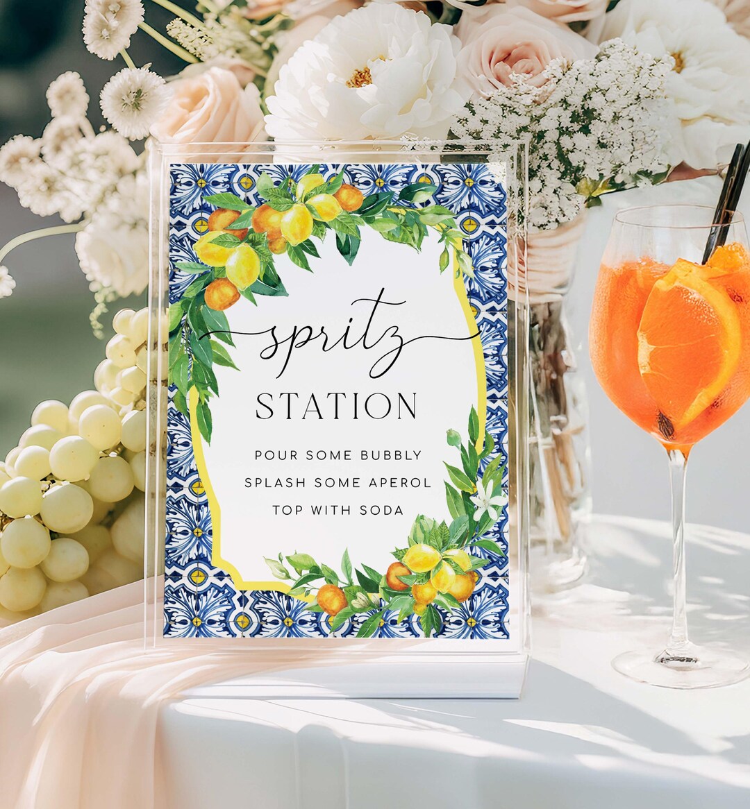 Spritz Station Sign, Positano Blue Tile Oranges Lemons Alcohol Spritz ...