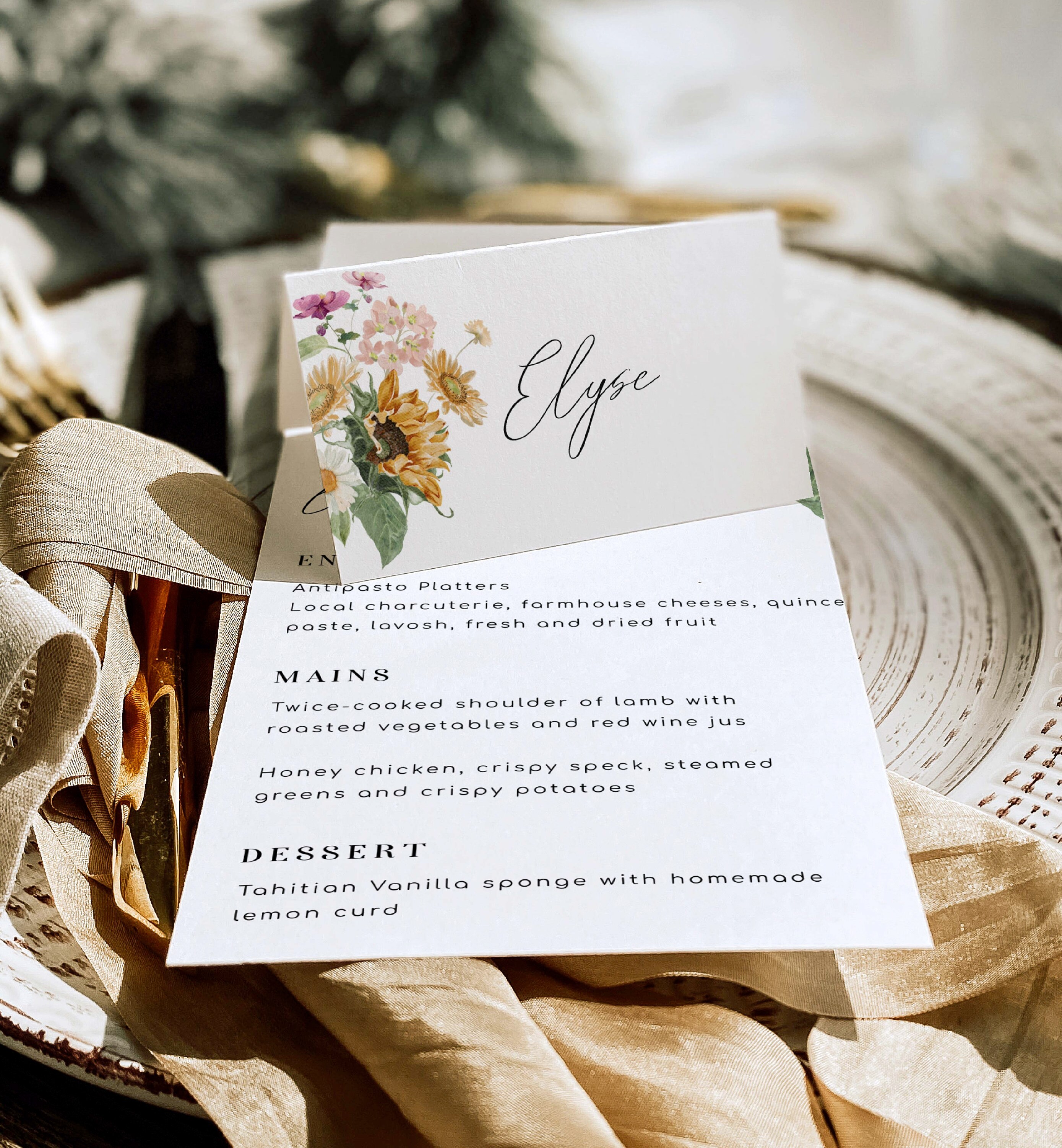 Sunflower Floral Place Card, Autumn Wedding (printable), Mews - Etsy