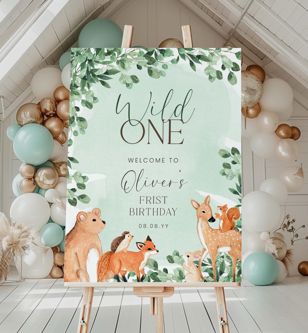 Woodland Animals Welcome Sign, Printable Wild One First Birthday Forest ...