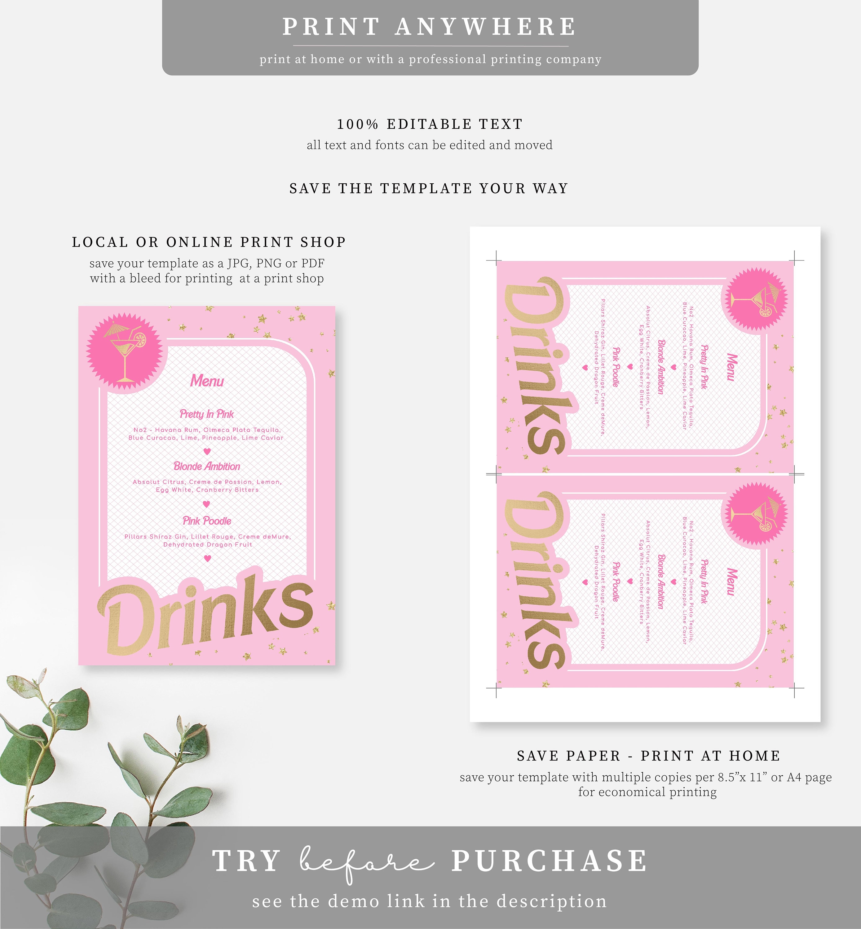Editable Drinks Menu Sign, Cocktail Menu, Birthday Party Beverage Menu ...