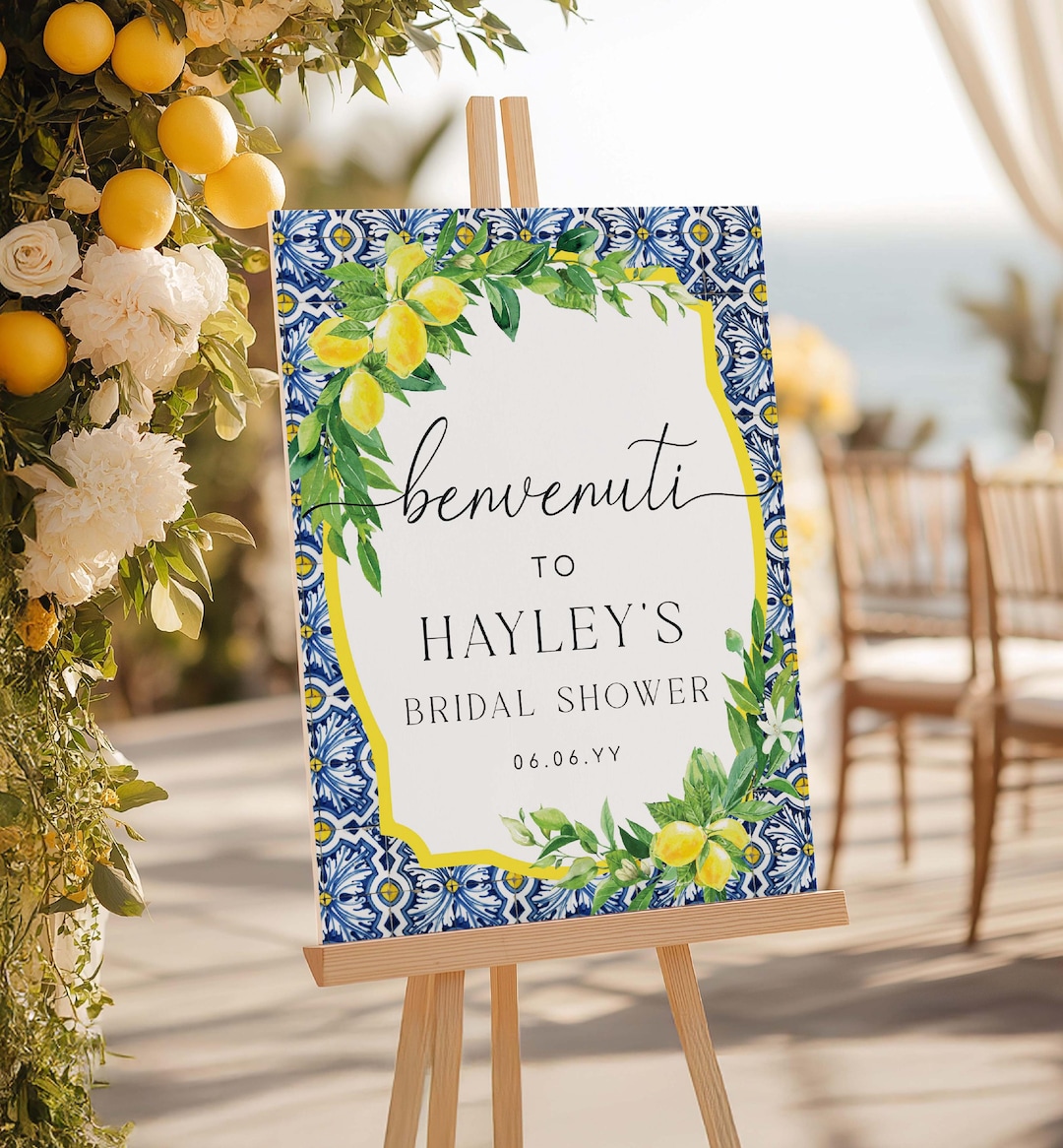 Printable Benvenuti Welcome Sign, Positano Blue Tile Lemons Wedding ...