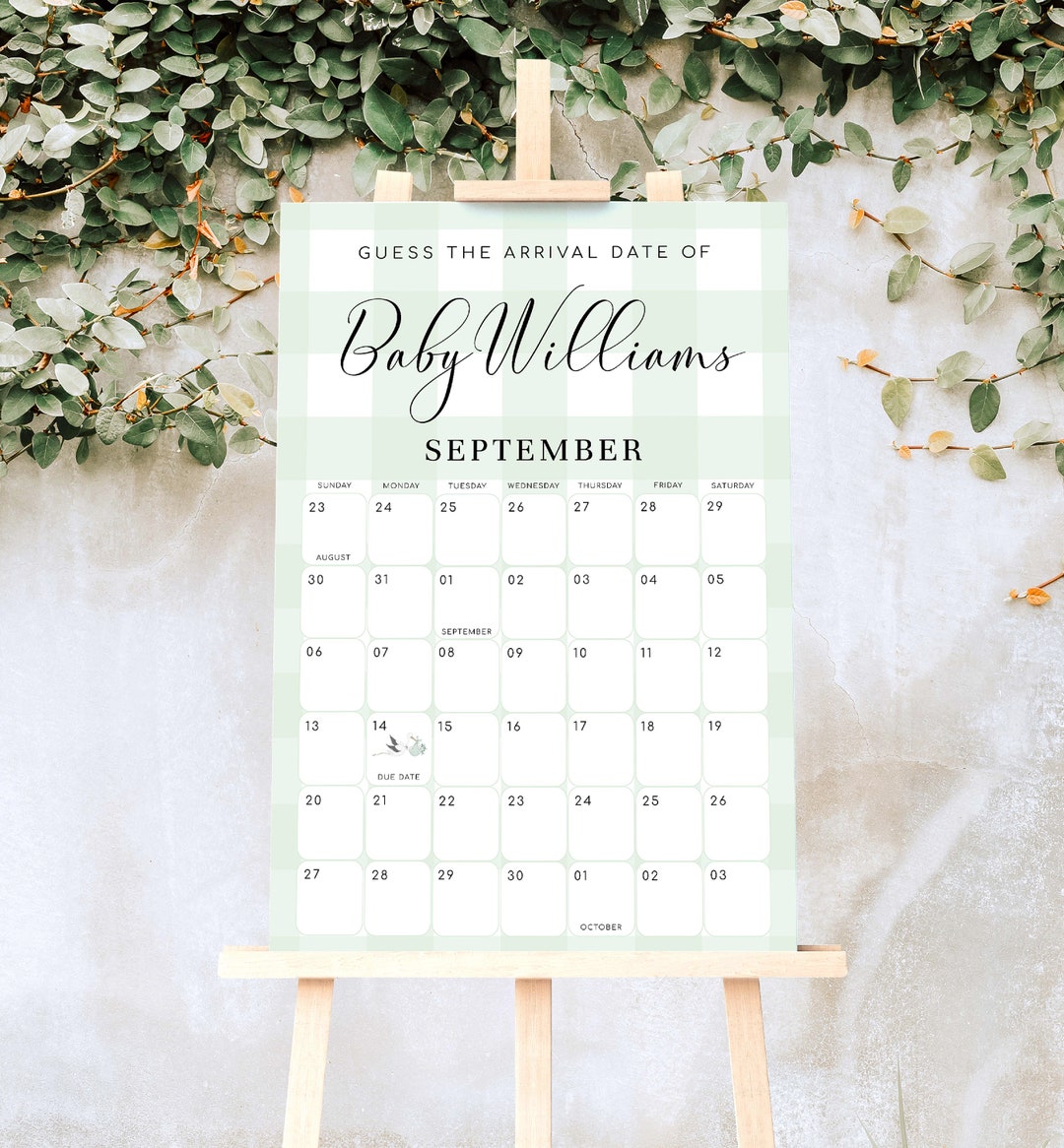 Guess the Arrival Date Game Sign, Green Gingham Check, Printable Guess ...