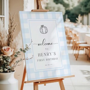 Blue Gingham Welcome Sign, Fall Pumpkin Boy First Birthday Blue Check ...