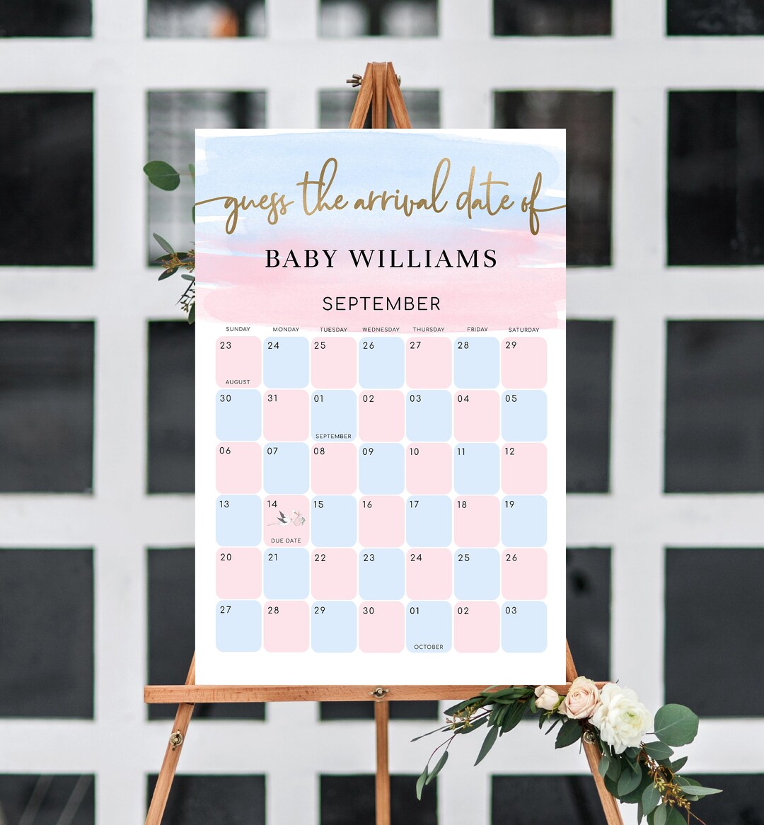 Guess the Arrival Date Game Sign, Pink Blue Watercolour Guess the Due ...