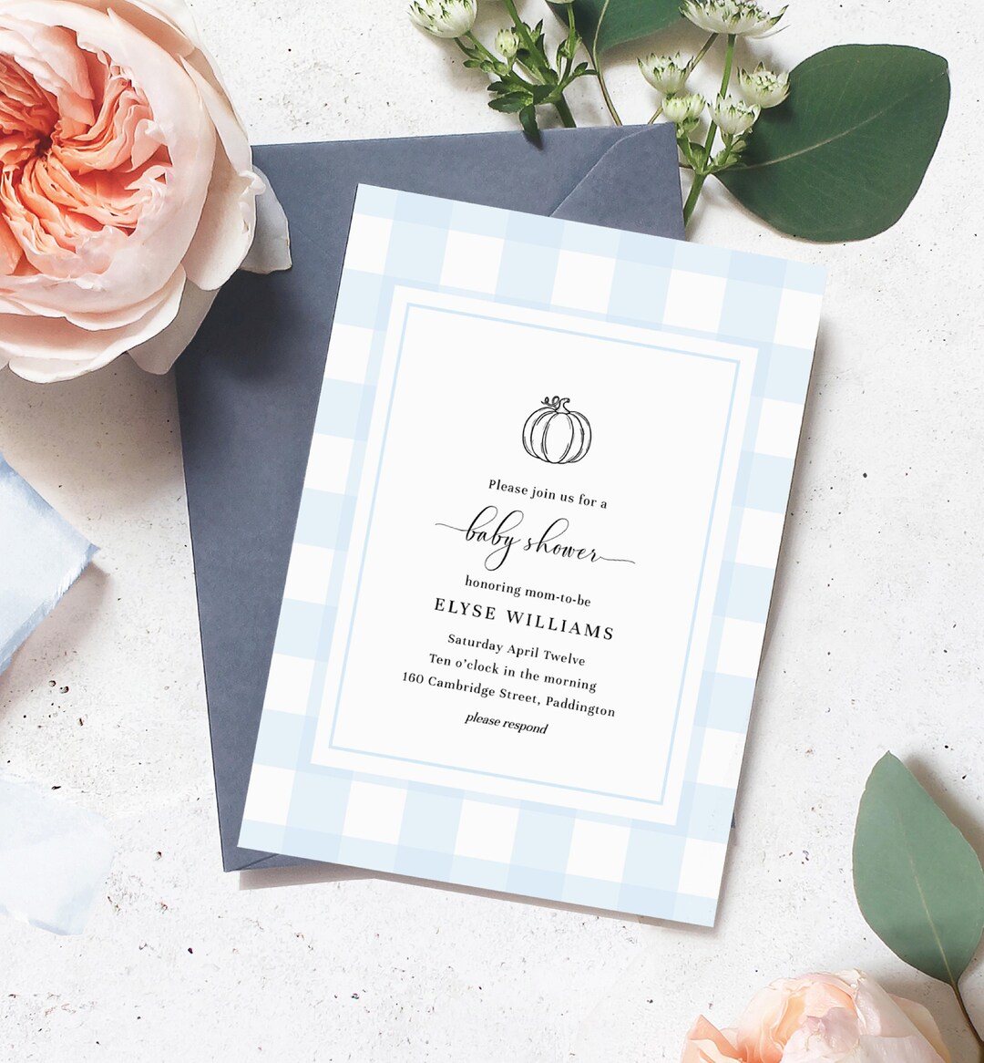 Blue Gingham Pumpkin Boy Baby Shower Invitation, Printable Fall Pumpkin ...