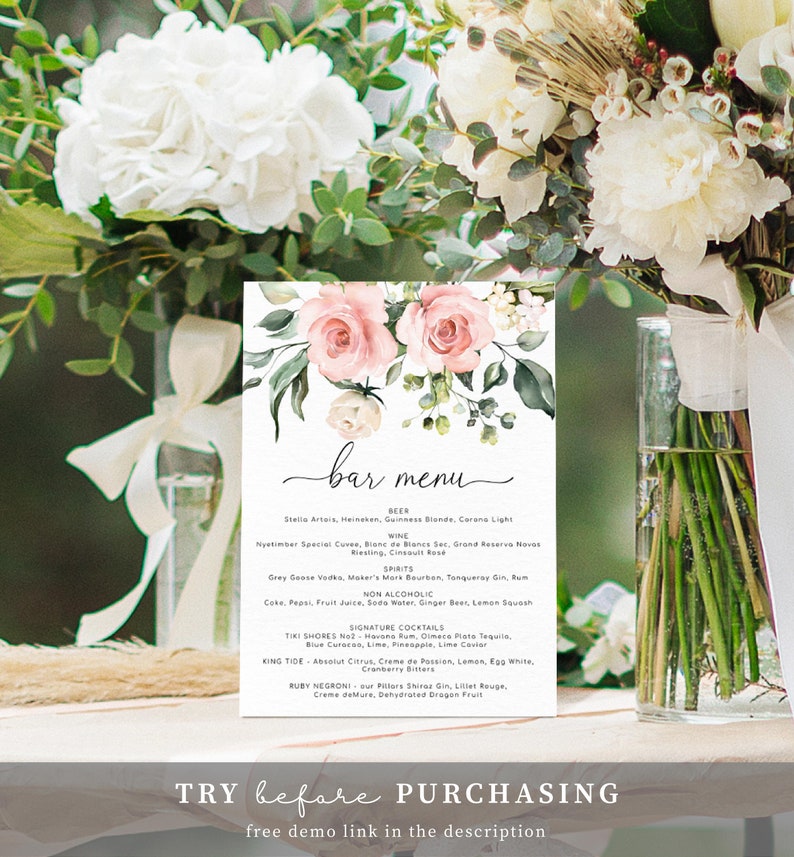 Printable Bar Menu Sign Blush Floral Wedding Drinks Menu - Etsy