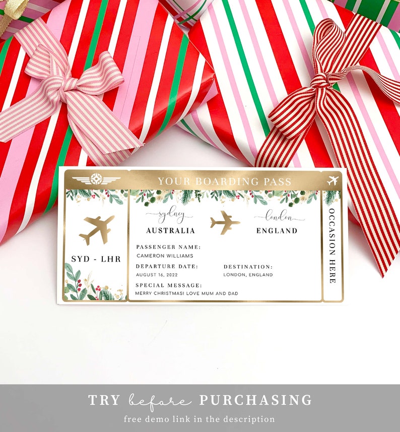 Printable Christmas Boarding Pass Template, Gold Foil Surprise Gift ...