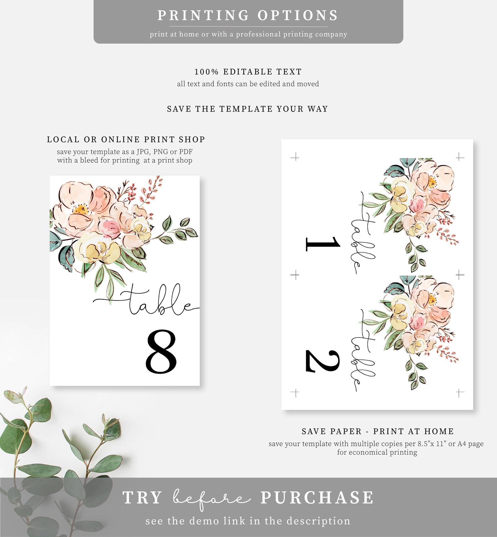 Editable Table Numbers, Vintage Floral Wedding Printable Table Number ...
