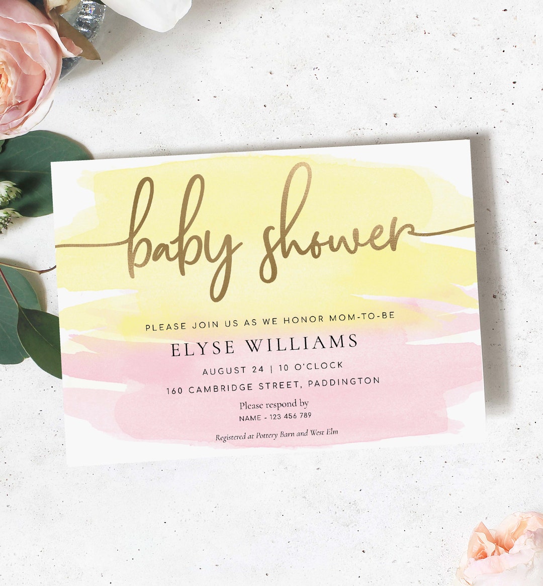 Baby Shower Printable Invitation Template, Pink and Yellow Watercolour ...