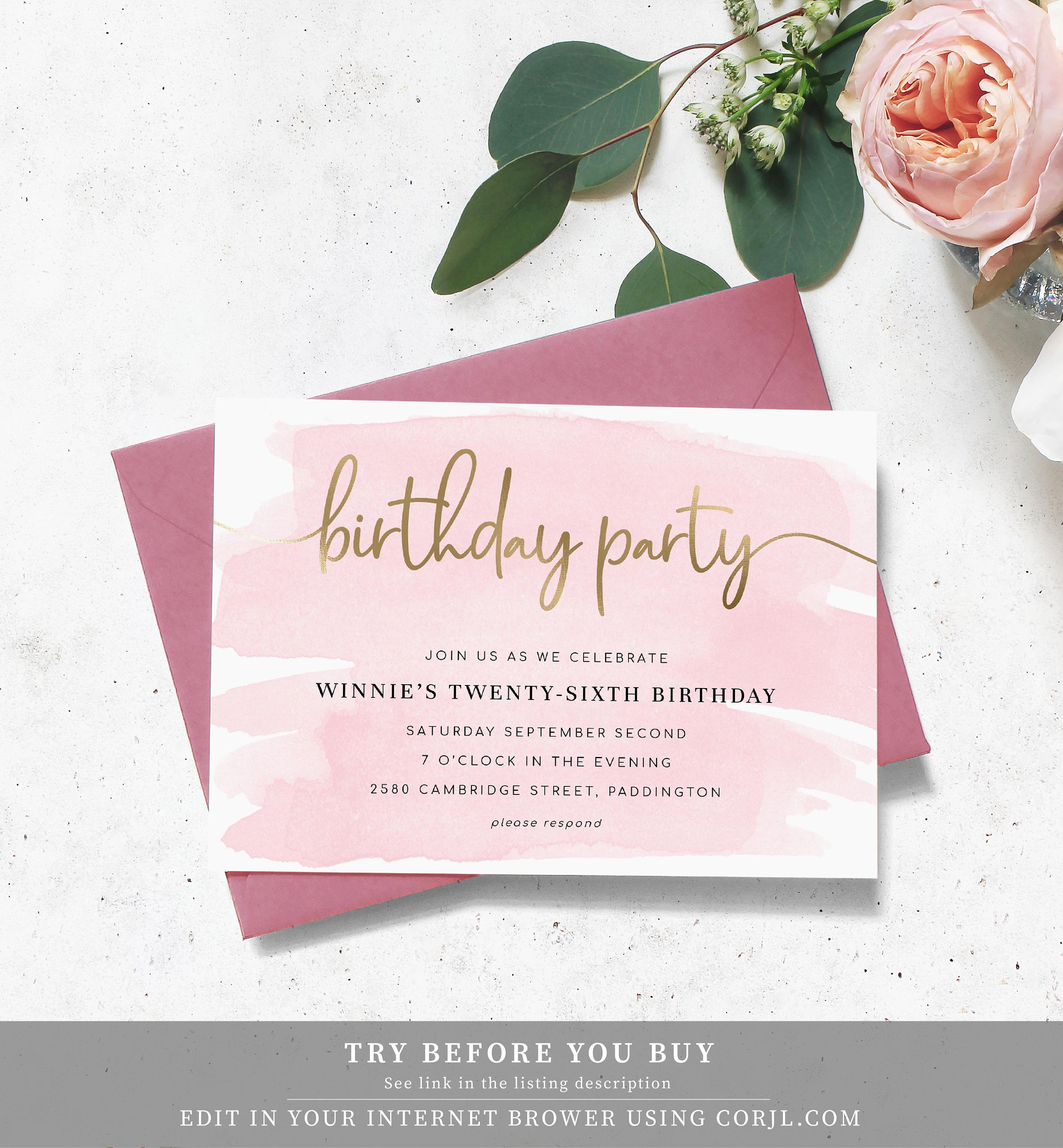 Editable Birthday Party Invitation Printable Pink Watercolor - Etsy ...