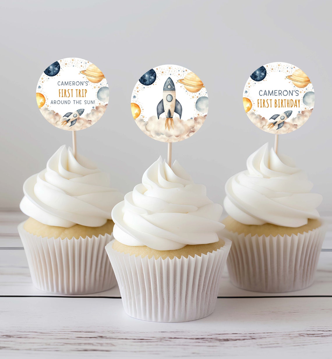 Rocket Ship Space Birthday Cupcake Toppers, First Trip Around the Sun ...