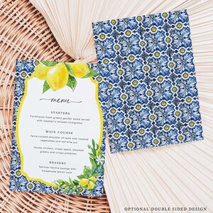 Printable Menu Template, Positano Blue Tile Lemons, Italian Almalfi ...