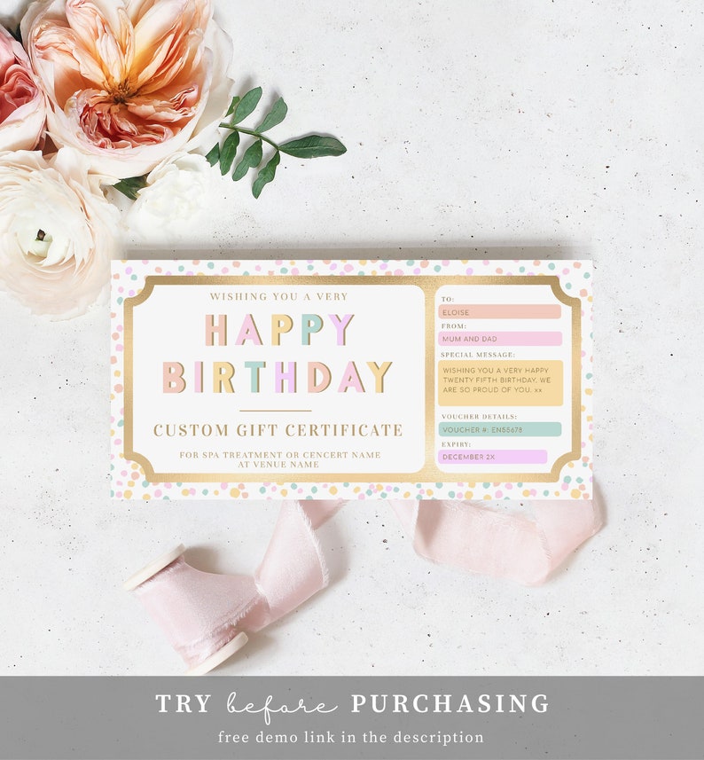 Pastel Birthday Gift Certificate, Printable Voucher (DIY Printable ...
