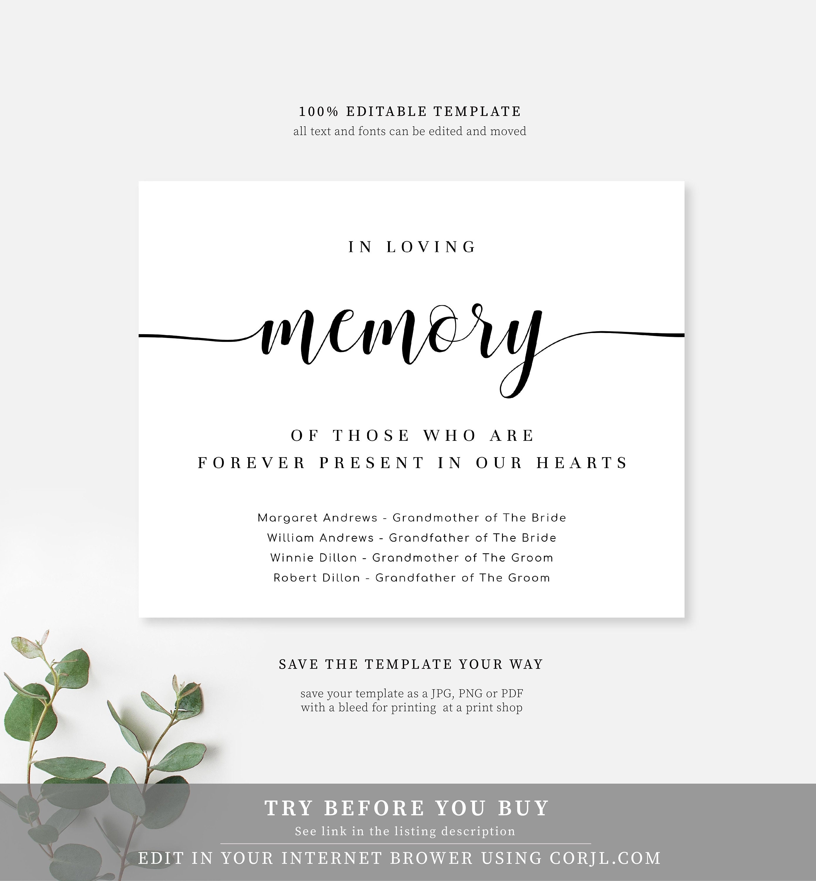 Printable In Loving Memory Sign Editable Memorial Sign | Etsy