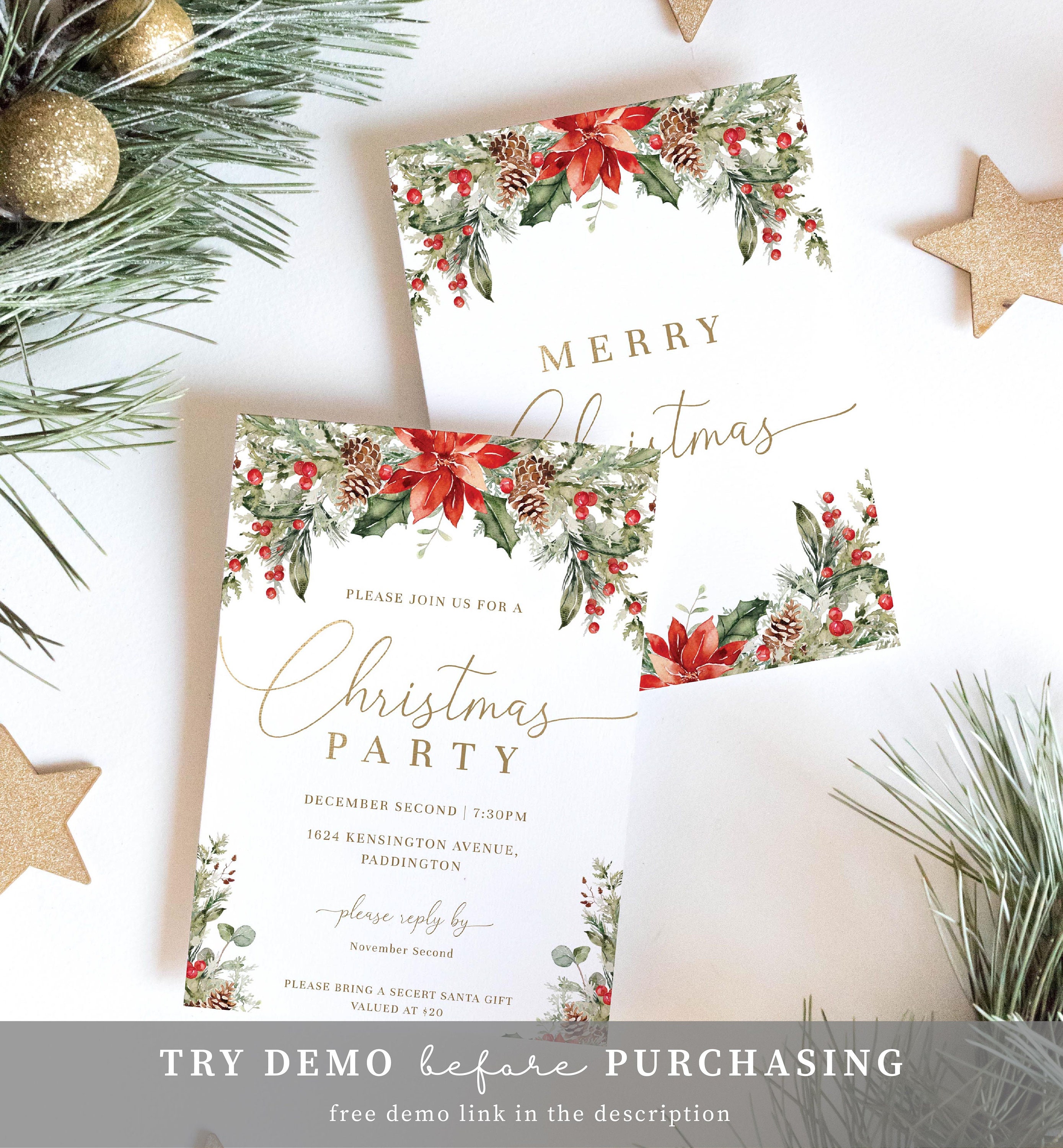 Editable Christmas Party Invitation: Holly Greenery Design (digital ...